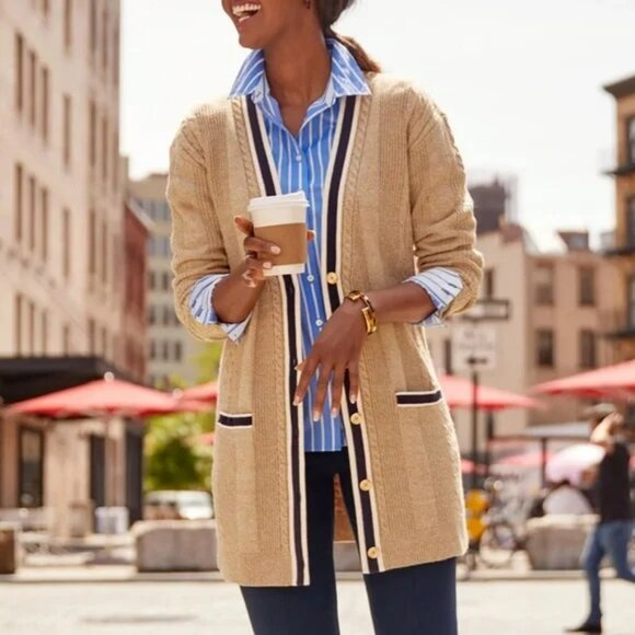 Talbots | Sweaters | Talbots Cable Knit Cardigan Sweater M Long Varsity ...